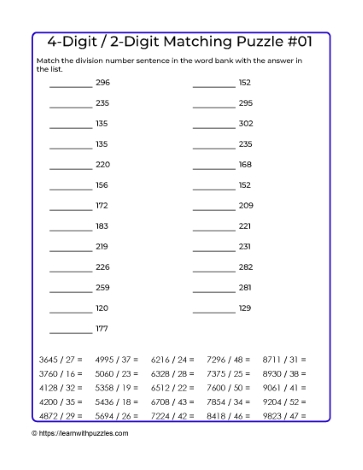 4-Digit / 2-Digit Division Matching #01 Learn With Puzzles