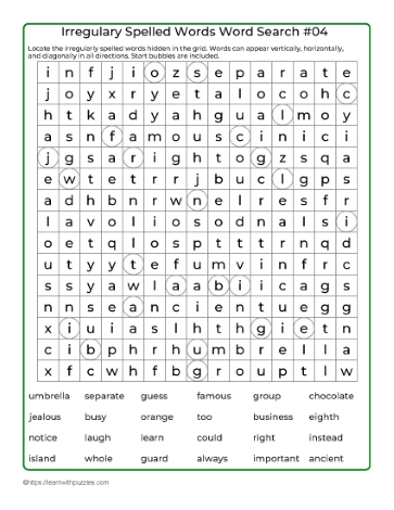 Irregular Spellings Word Search04 Learn With Puzzles