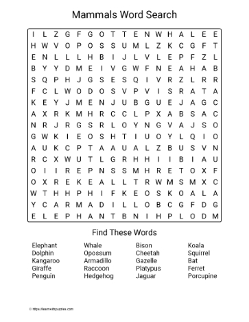Large Print Mammals Wordsearch Learn With Puzzles