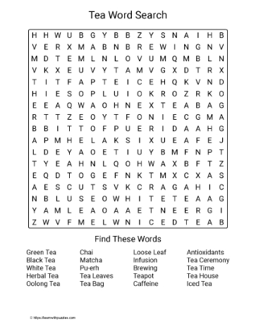 Large Print Tea Words Word Search Learn With Puzzles