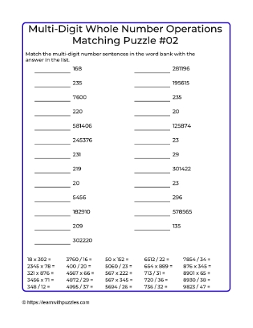 Multi-Digit Multiplication Matching #02 Learn With Puzzles