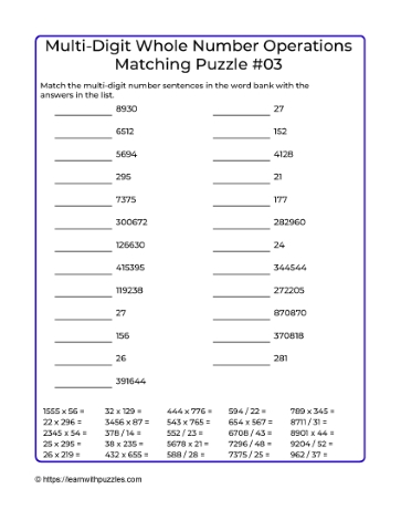 Multi-Digit Multiplication Matching #03 Learn With Puzzles
