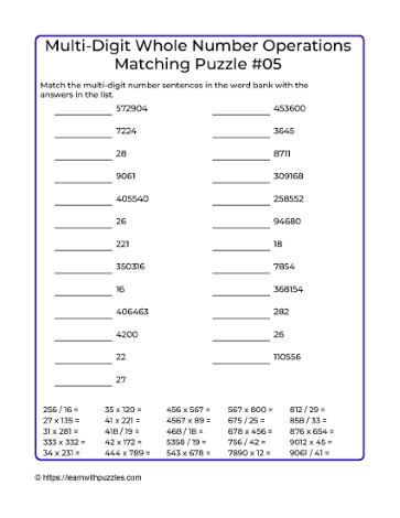 Multi-Digit Multiplication Matching #05 Learn With Puzzles