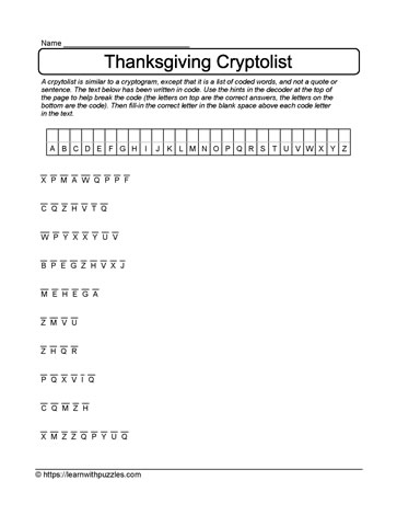 Thanksgiving Cryptolist #10 Learn With Puzzles