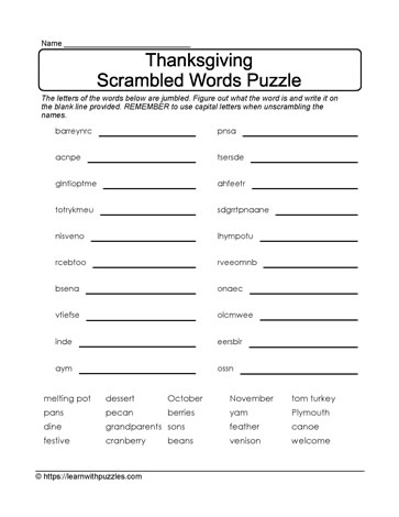 Thanksgiving Scrambled Letters #09 Learn With Puzzles